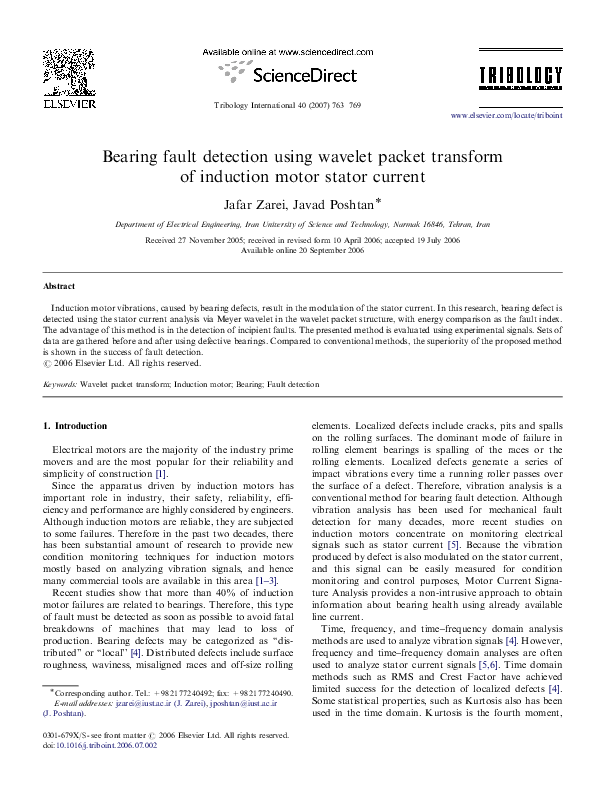 (PDF) Bearing fault detection using wavelet packet transform of induction motor stator current