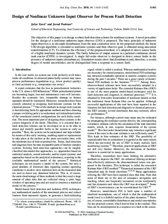 Pdf Design Of Nonlinear Unknown Input Observer For Process Fault Detection