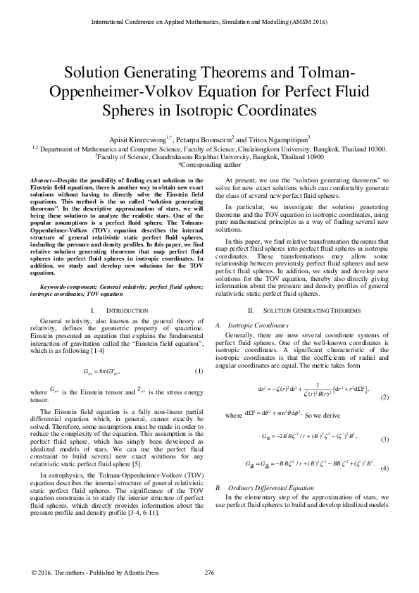 (PDF) Solution Generating Theorems and Tolman-Oppenheimer-Volkov Equation for Perfect Fluid ...