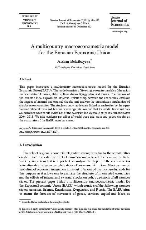 (PDF) A multicountry macroeconometric model for the Eurasian Economic Union