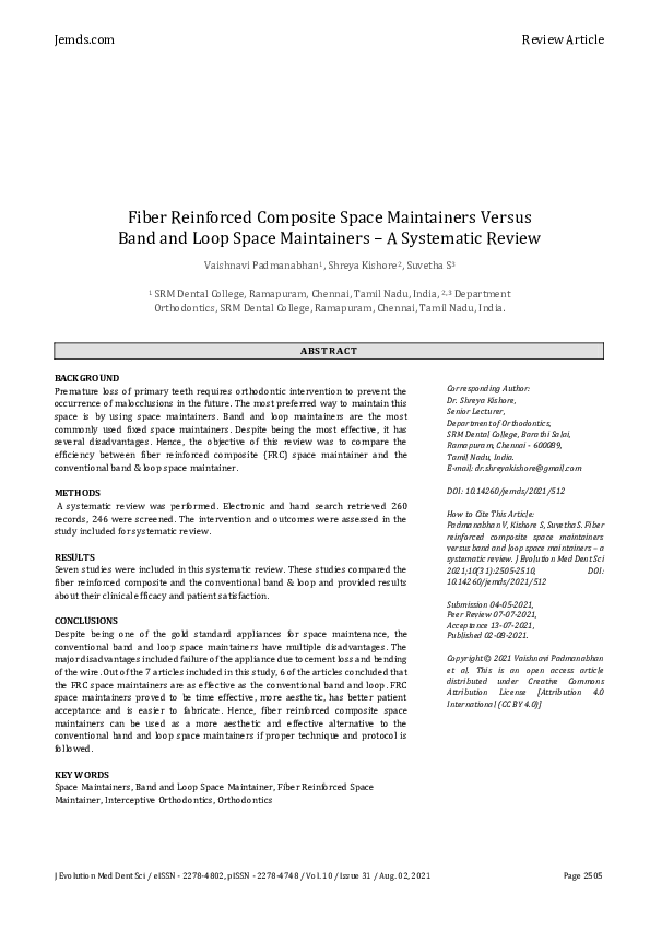 (PDF) Fiber Reinforced Composite Space Maintainers Versus Band and Loop ...