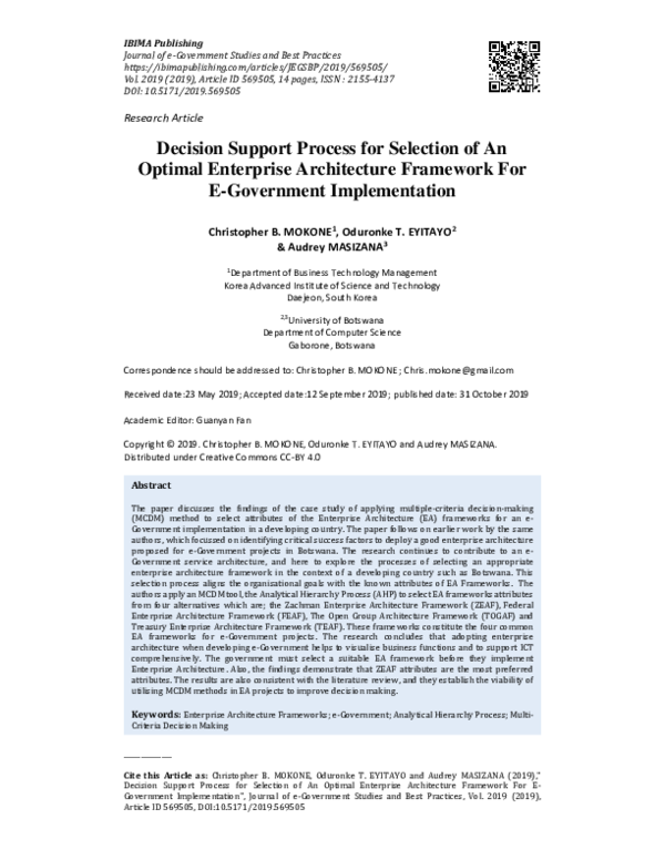 (PDF) Decision Support Process for Selection of An Optimal Enterprise Architecture Framework For ...