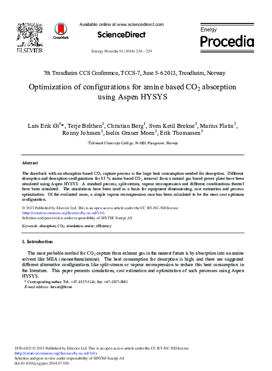 (PDF) Optimization of Configurations for Amine based CO2 Absorption Using Aspen HYSYS