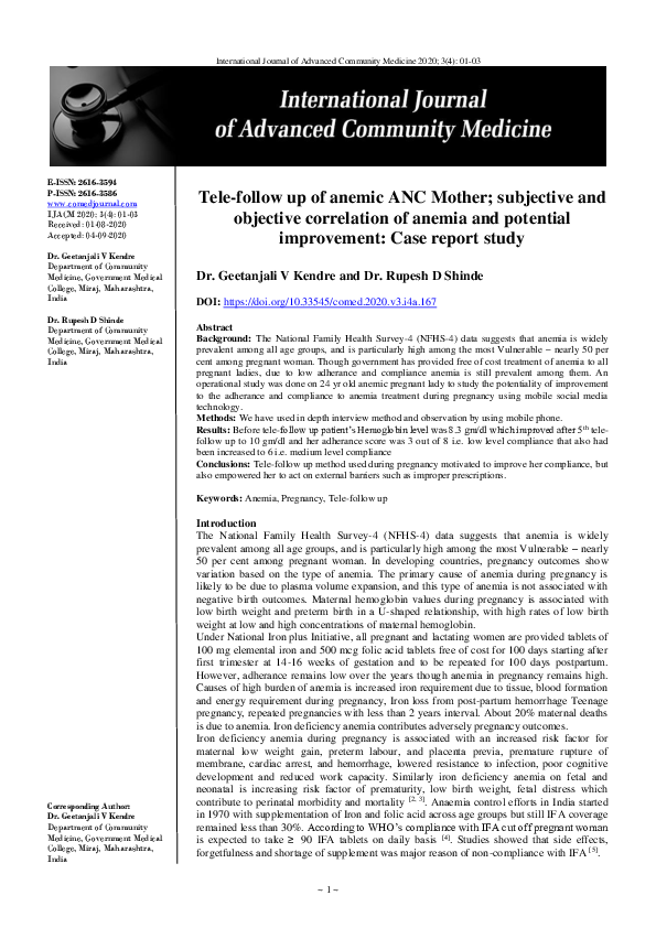 (PDF) Tele-follow up of anemic ANC Mother; subjective and objective ...
