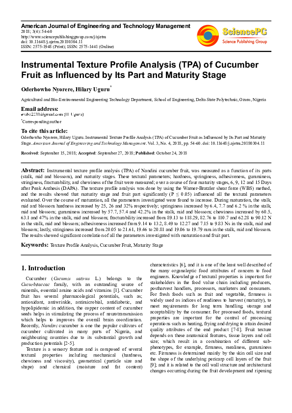 (PDF) Instrumental Texture Profile Analysis (TPA) of Cucumber Fruit as ...