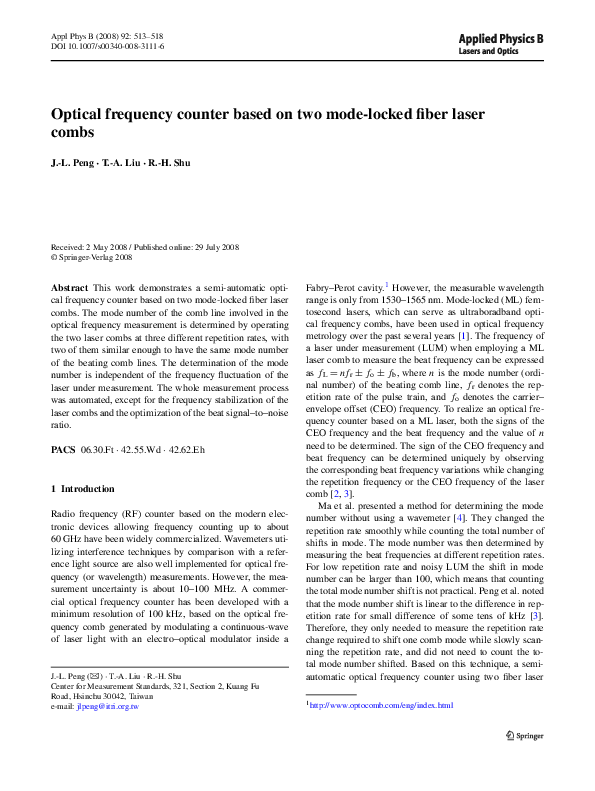 (PDF) Optical frequency counter based on two mode-locked fiber laser combs