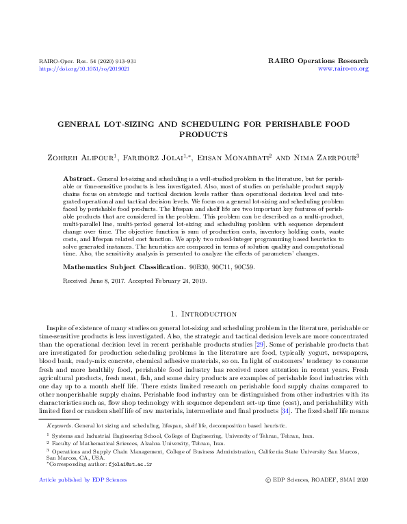 Pdf General Lot Sizing And Scheduling For Perishable Food Products