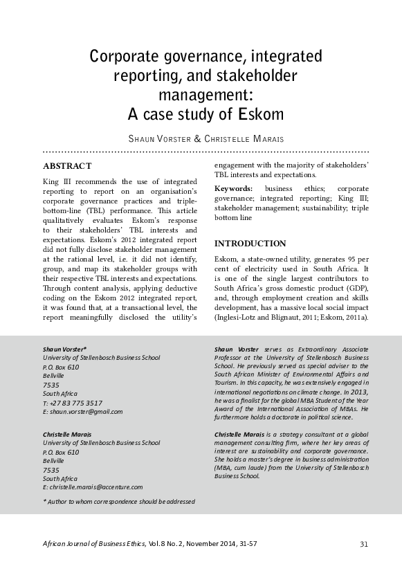 (PDF) Corporate governance, integrated reporting, and stakeholder management: A case study of Eskom