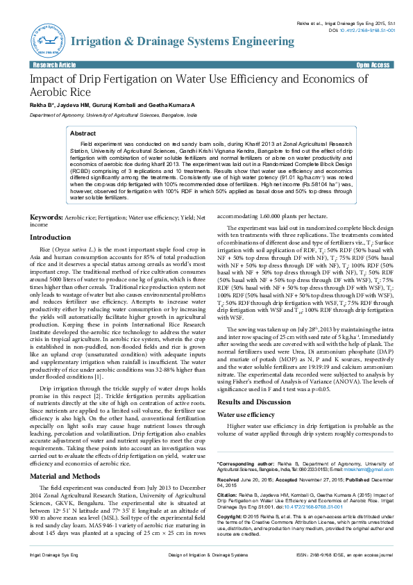 (PDF) Impact of Drip Fertigation on Water Use Efficiency and Economics of Aerobic Rice
