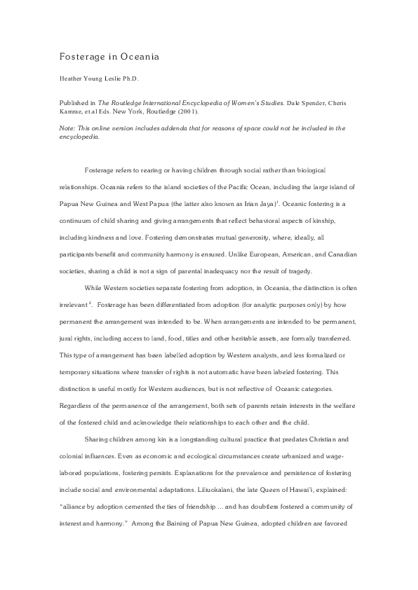 (PDF) Fostering: Case Study (Routledge Encylopedia of Women)