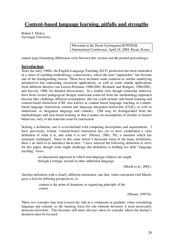 (PDF) Content-based language learning, pitfalls and strengths