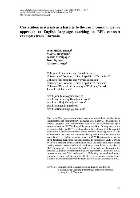 (PDF) Curriculum materials as a barrier to the use of communicative approach to English language ...