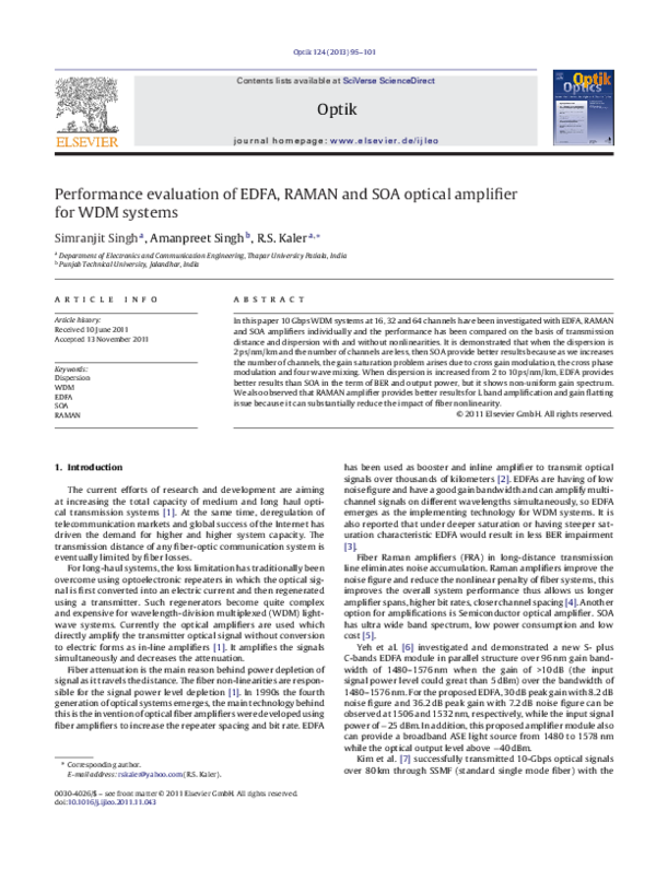 (PDF) Performance evaluation of EDFA, RAMAN and SOA optical amplifier for WDM systems