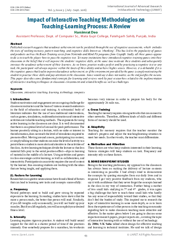 (PDF) Impact of Interactive Teaching Methodologies on Teaching-Learning Process: A Review ...
