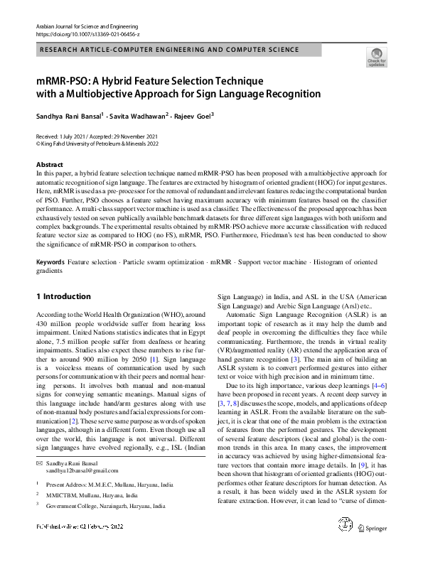 Pdf Mrmr Pso A Hybrid Feature Selection Technique With A Multiobjective Approach For Sign