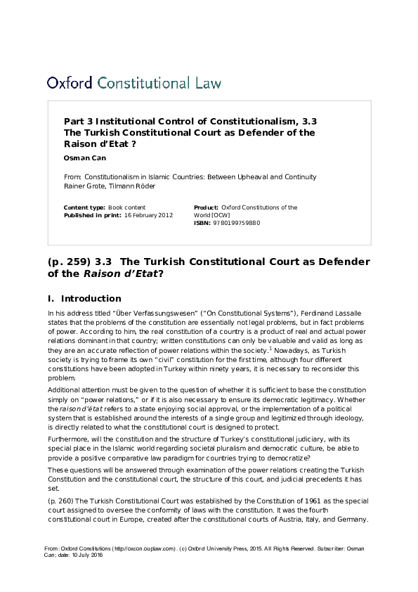 (PDF) The Turkish Constitutional Court as Defender of the Raison d'Etat