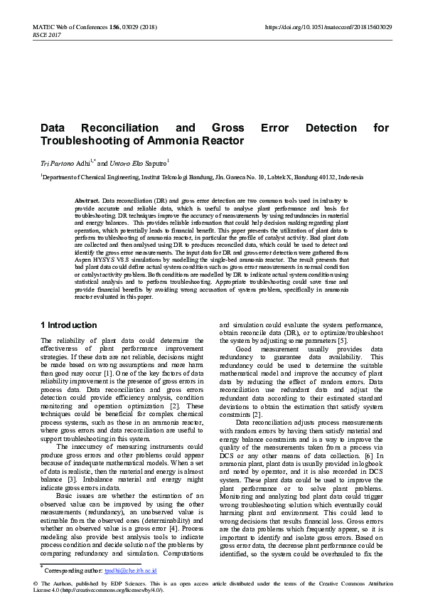 Pdf Data Reconciliation And Gross Error Detection For Troubleshooting Of Ammonia Reactor
