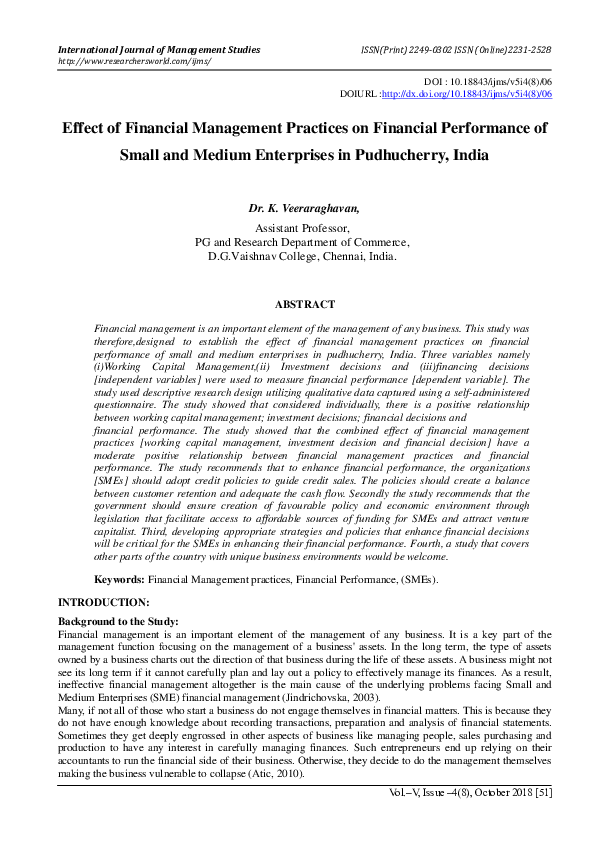 (PDF) Effect of Financial Management Practices on Financial Performance of Small and Medium ...