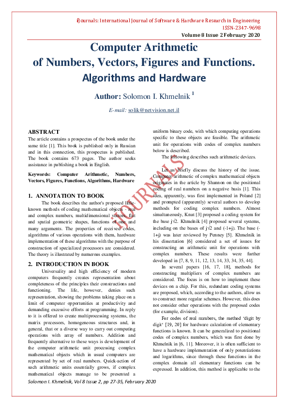 (PDF) Computer Arithmetic of Numbers, Vectors, Figures and Functions. Algorithms and Hardware