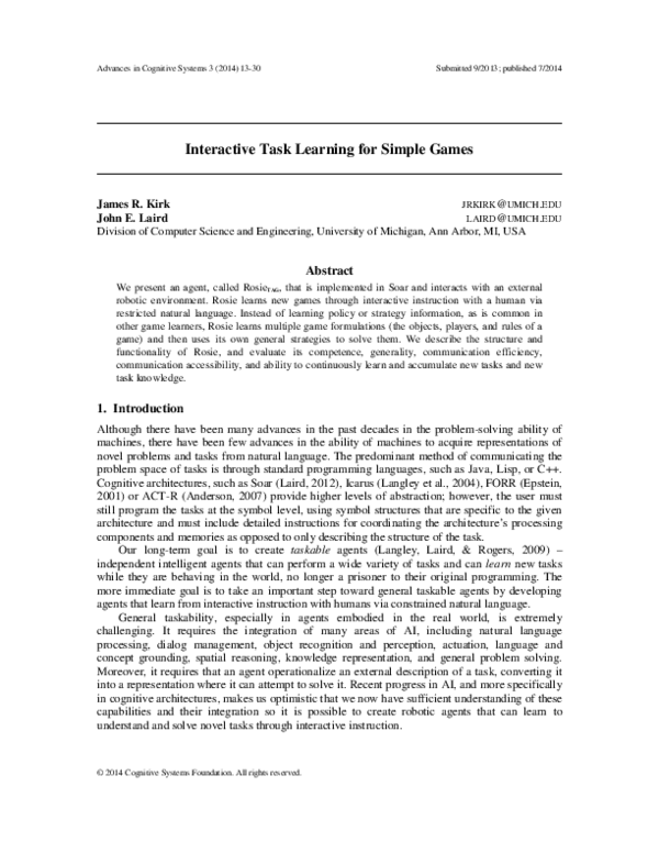 (PDF) Interactive task learning for simple games