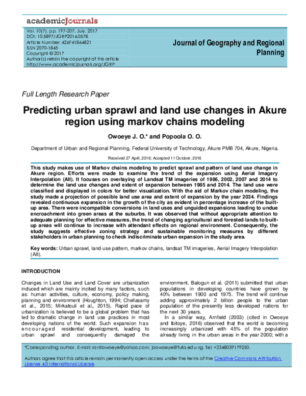 (PDF) Predicting urban sprawl and land use changes in Akure region using markov chains modeling