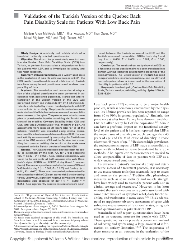 (PDF) Validation of the Turkish Version of the Quebec Back Pain ...