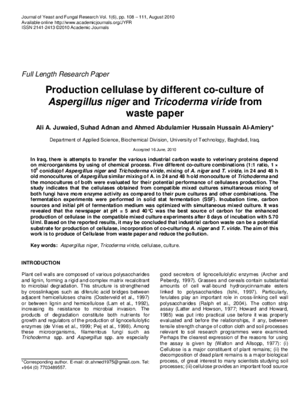 (PDF) Production cellulase by different co-culture of Aspergillus niger and Tricoderma viride ...