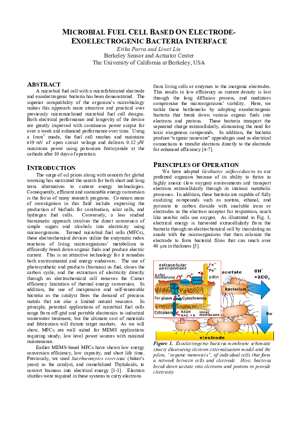 (PDF) Microbial Fuel Cell based on Electrode-Exoelectrogenic Bacteria ...