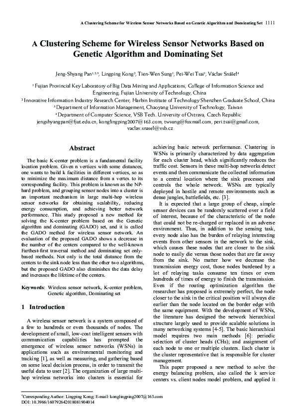 Pdf A Clustering Scheme For Wireless Sensor Networks Based On Genetic Algorithm And Dominating 