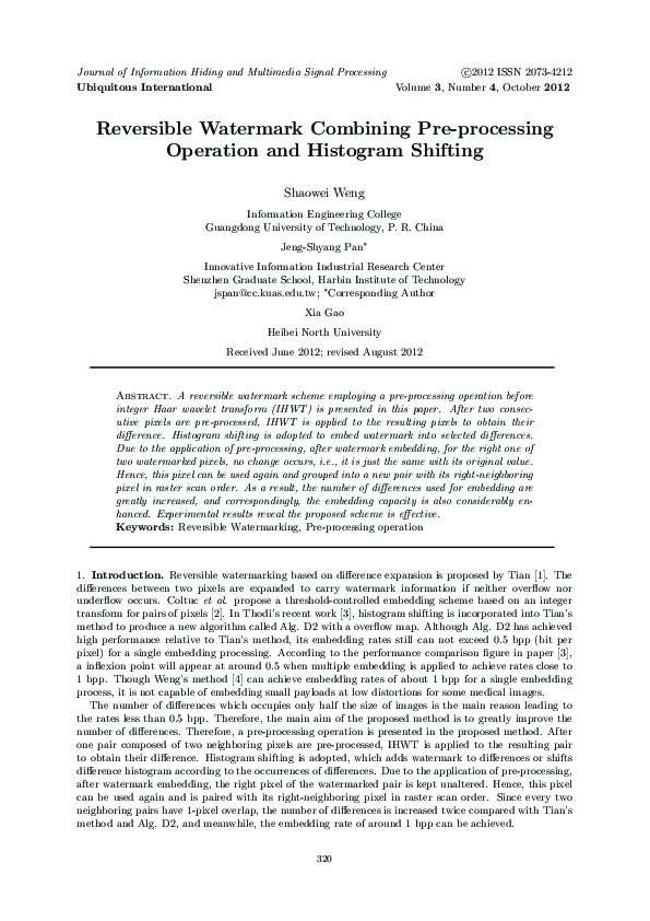 (PDF) Reversible watermark combining pre-processing operation and histogram shifting