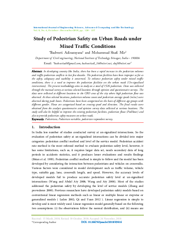 (PDF) Study of Pedestrian Safety on Urban Roads under Mixed Traffic ...