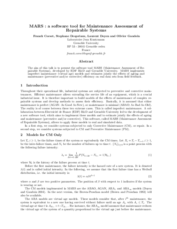 (PDF) MARS: a software tool for maintenance assessment of repairable ...