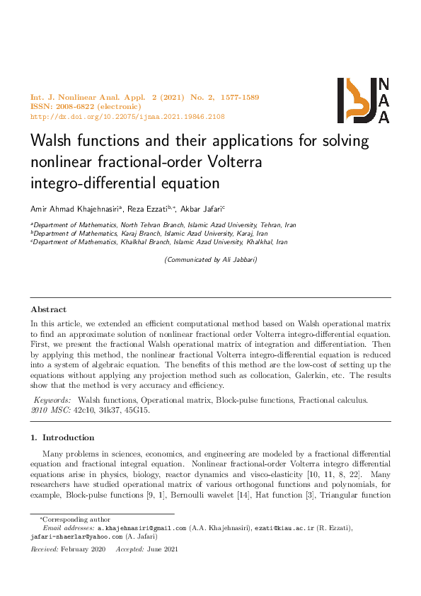 (PDF) Walsh functions and their applications to solving nonlinear fractional Volterra integro ...