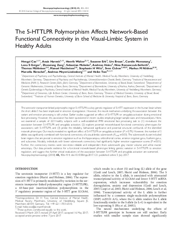 (PDF) The 5-HTTLPR Polymorphism Affects Network-Based Functional ...
