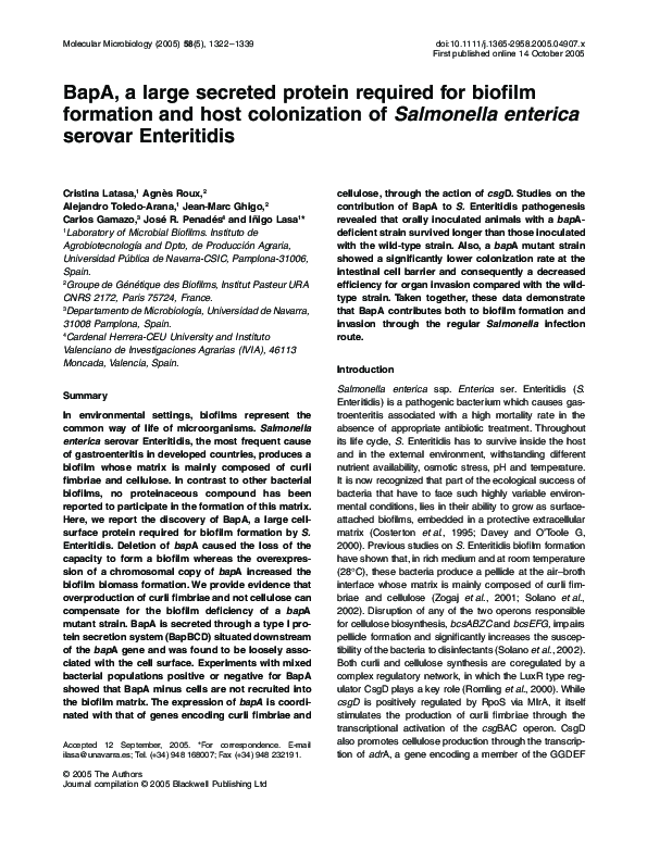 (PDF) BapA, a large secreted protein required for biofilm formation and ...
