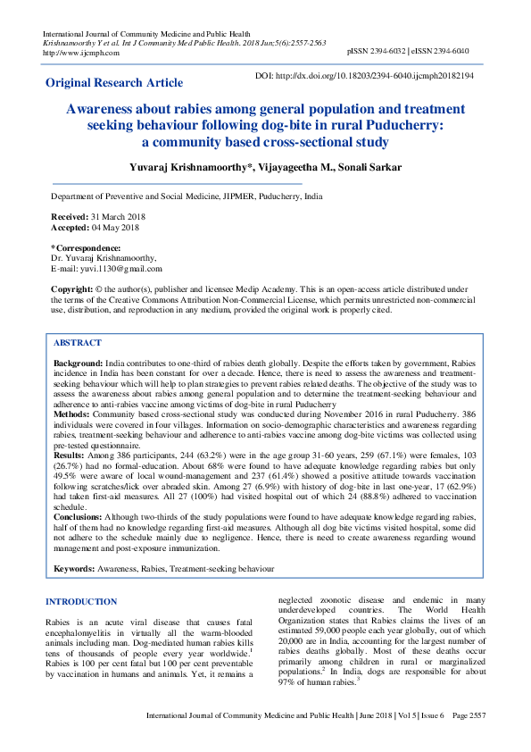 (PDF) Awareness about rabies among general population and treatment seeking behaviour following ...