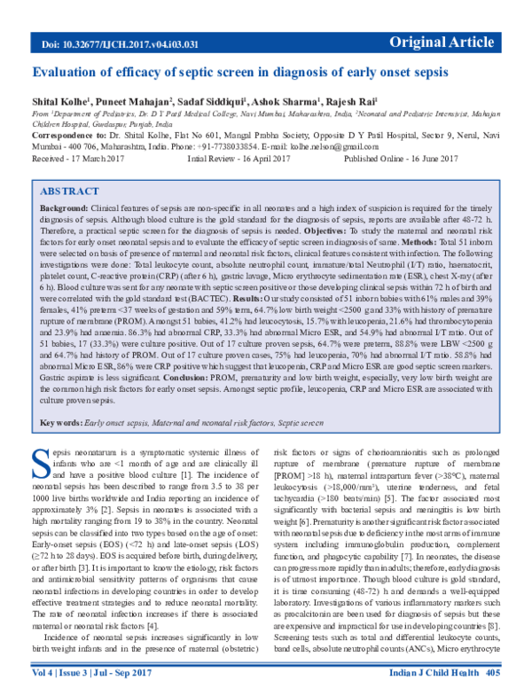 (PDF) Evaluation of Efficacy of Septic Screen in Diagnosis of Early ...