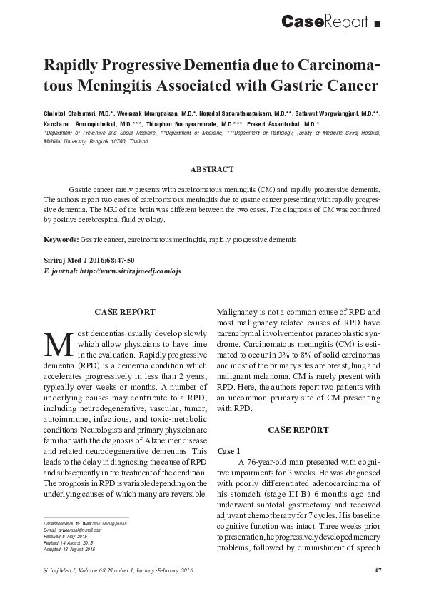 (PDF) Rapidly Progressive Dementia due to Carcinomatous Meningitis
