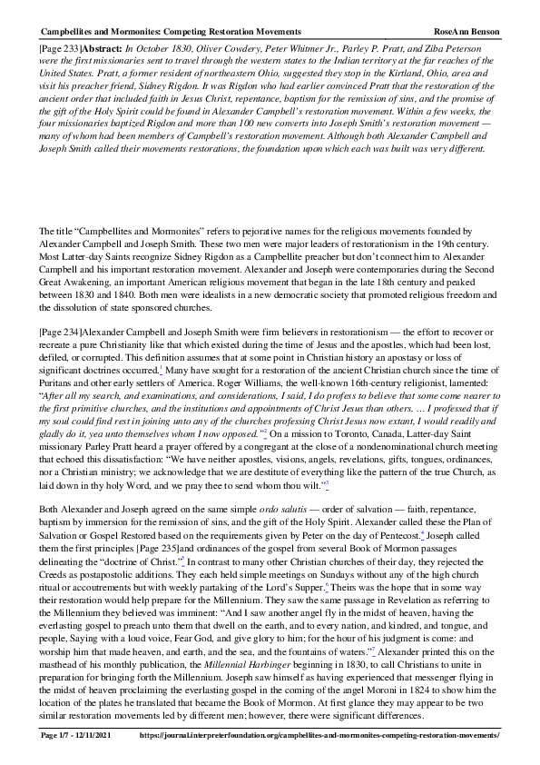 (PDF) Campbellites and Mormonites: Competing Restoration Movements