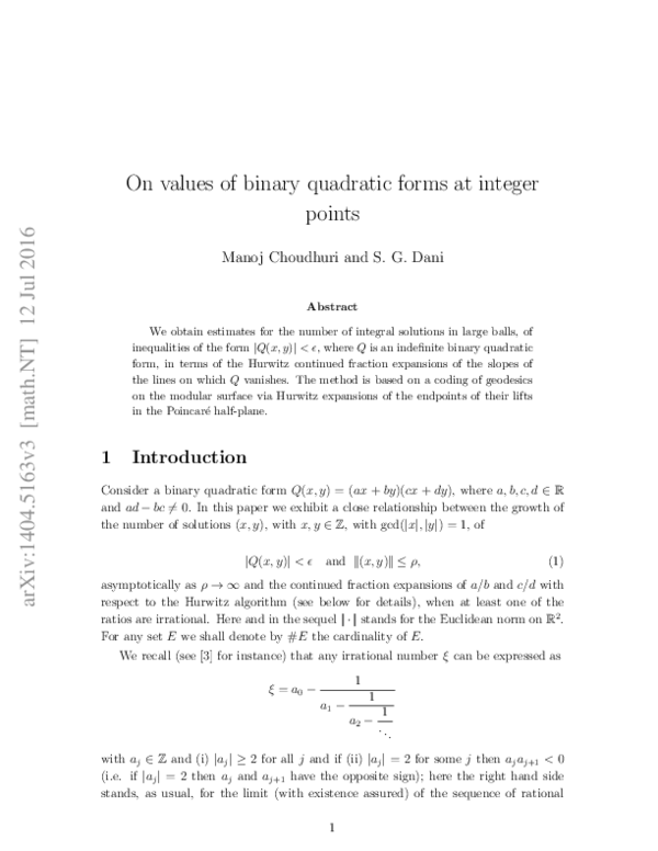 Pdf On Values Of Binary Quadratic Forms At Integer Points Manoj