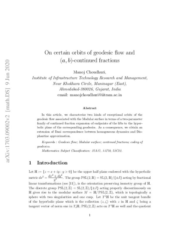(PDF) On certain orbits of geodesic flow and (a,b)-continued fractions