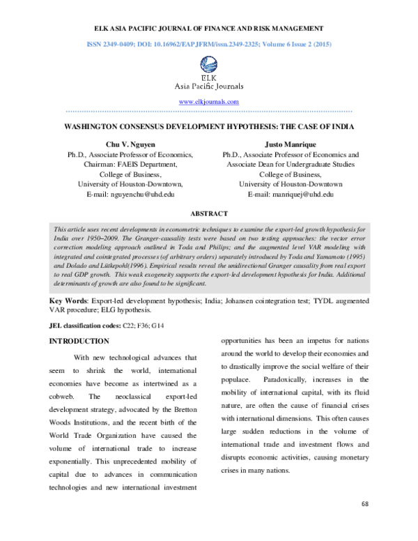 (PDF) Washington Consensus Development Hypothesis: The Case of India