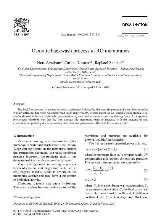(PDF) Osmotic backwash process in RO membranes