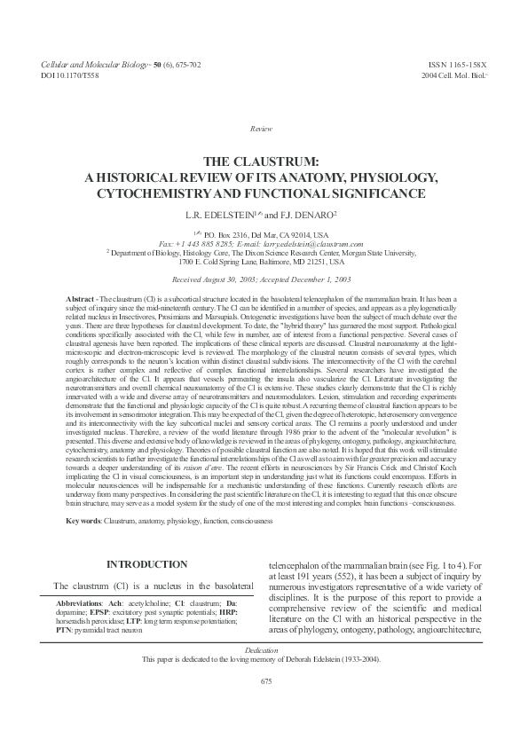 (PDF) The claustrum: a historical review of its anatomy, physiology ...