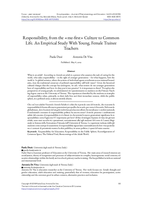 (PDF) Responsibility, from the «me-first» Culture to Common Life. An ...