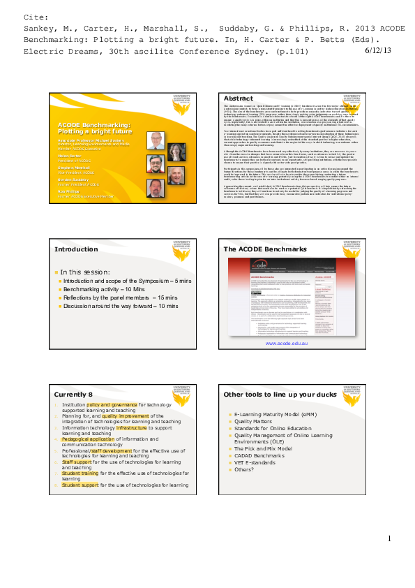 (PDF) ACODE benchmarking: plotting a bright future | Michael D Sankey - Academia.edu
