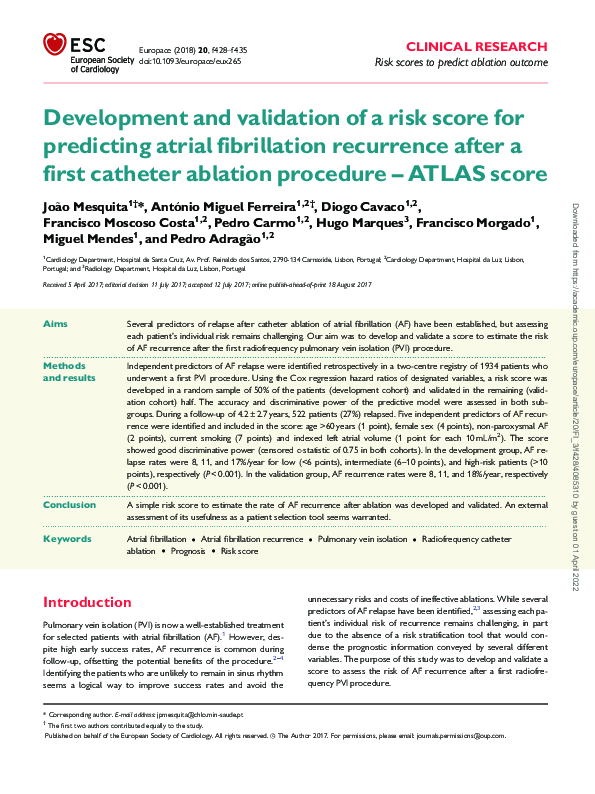 (PDF) Development and validation of a risk score for predicting atrial ...