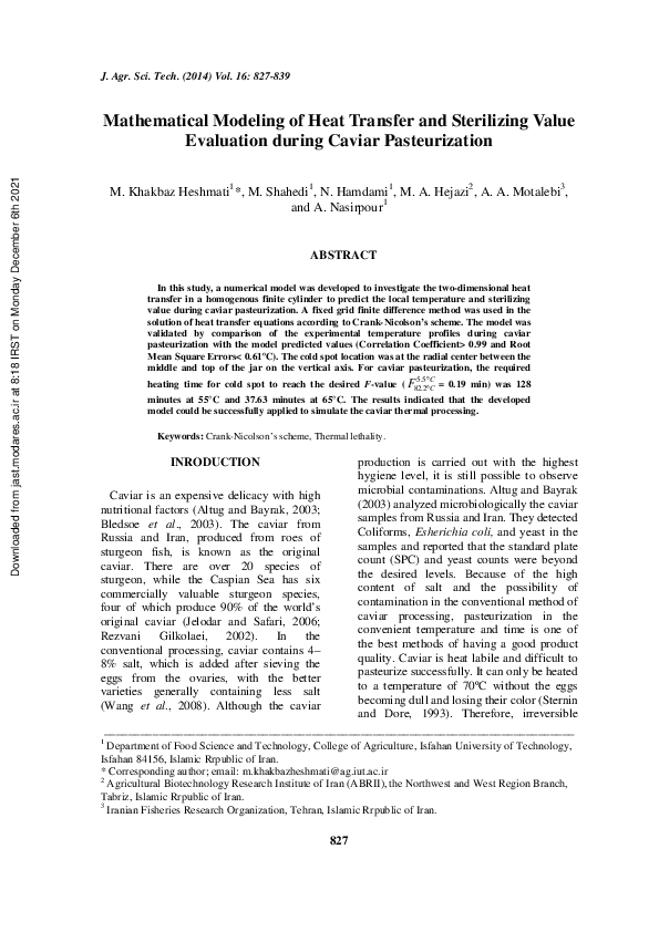 (PDF) Mathematical Modeling of Heat Transfer and Sterilizing Value Evaluation during Caviar ...
