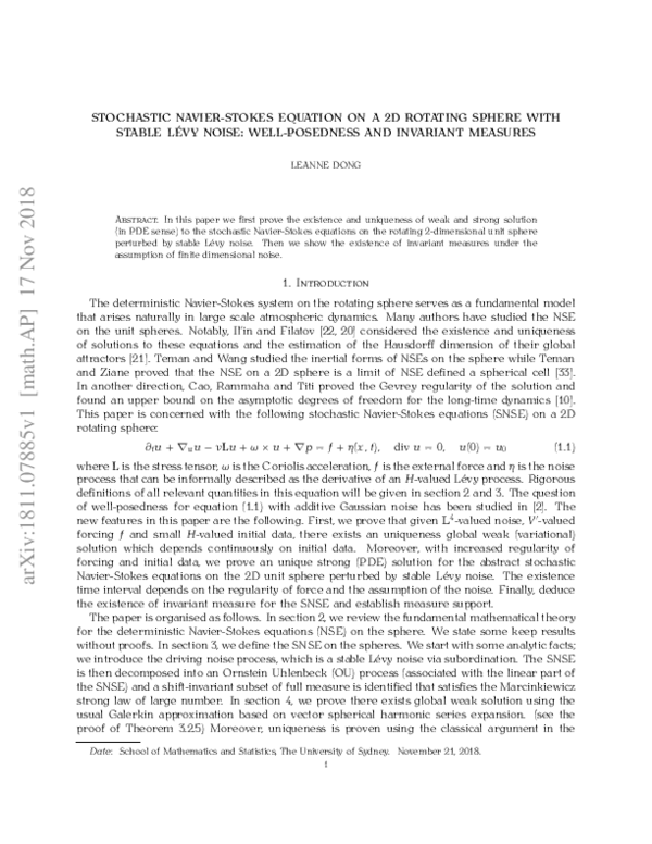(PDF) Stochastic Navier-Stokes equation on a 2D rotating sphere with ...