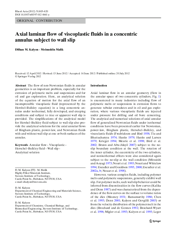 (PDF) Axial laminar flow of viscoplastic fluids in a concentric annulus subject to wall slip